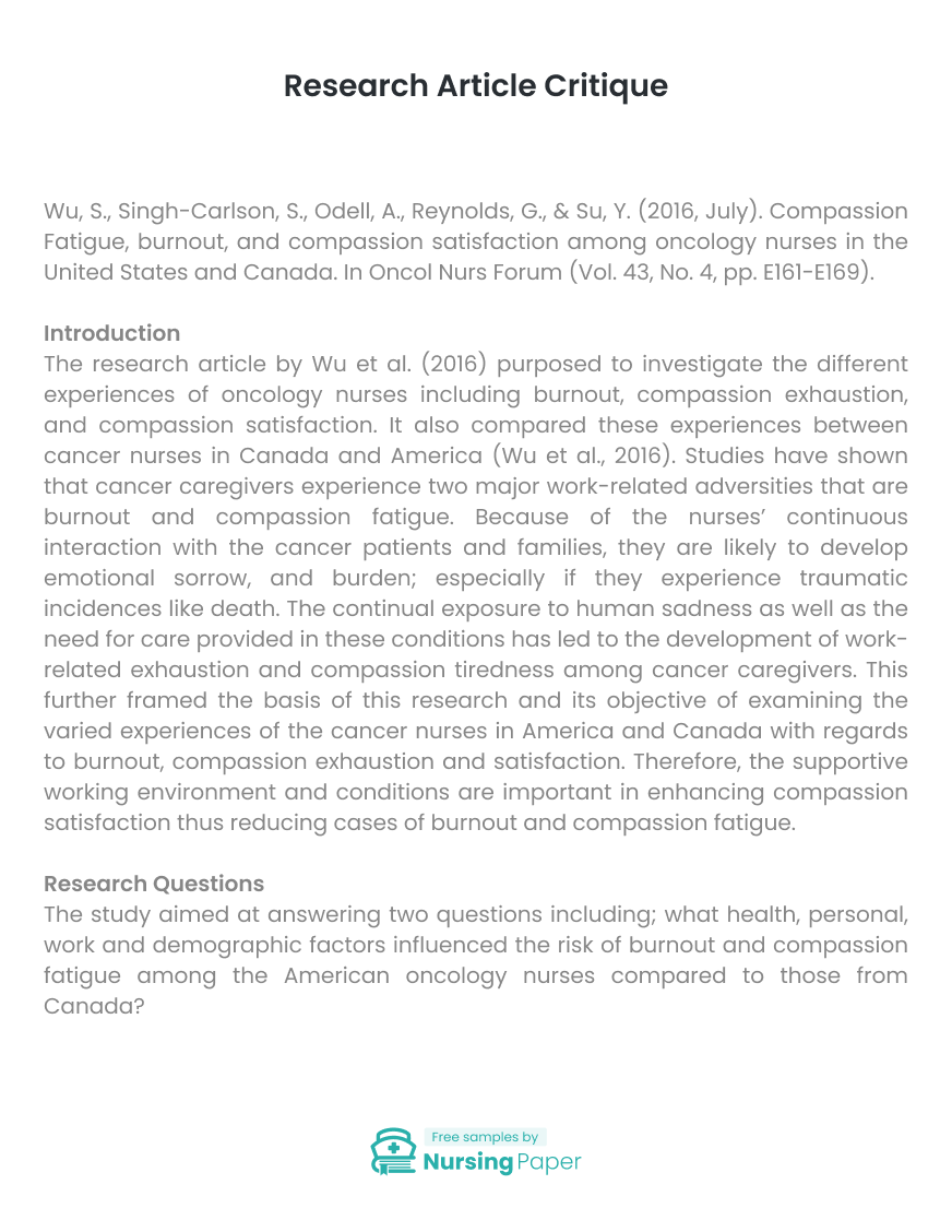 Research Article Critique Essay 1205 Words Nursing Paper Research Article Critique Essay 1205 Words Nursing Paper